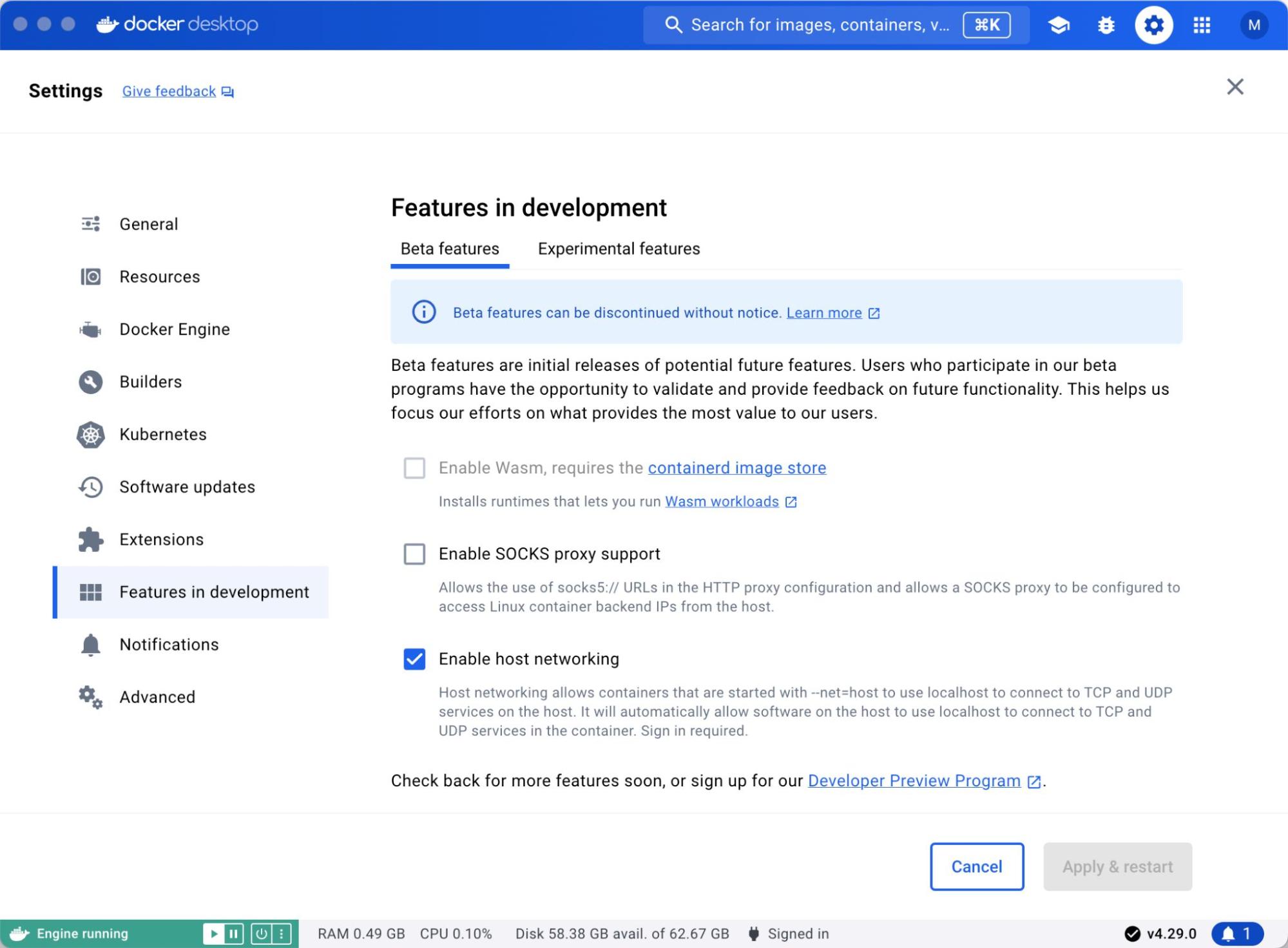 Docker Desktop リリース 429 Eci での Docker ソケット マウント権限、advanced Error